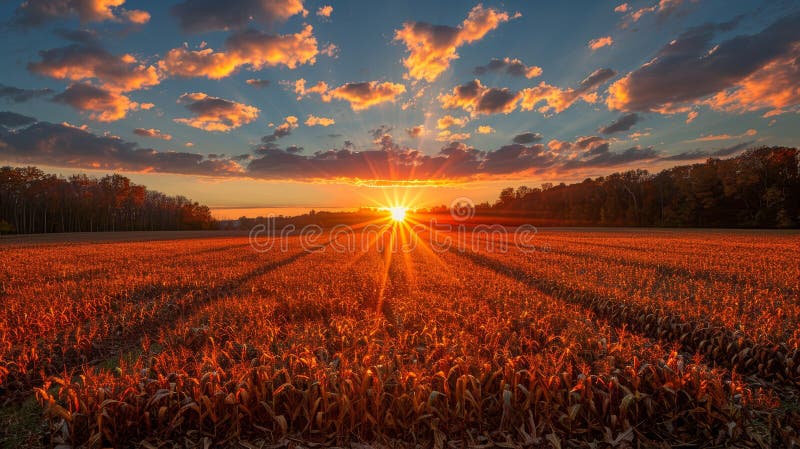 Sun Setting Over Wheat Field Stock Image - Image of light, growth ...