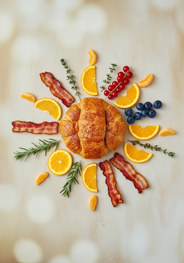 Sun Shaped Breakfast Arrangement with Croissant, Bacon and Citrus Stock ...