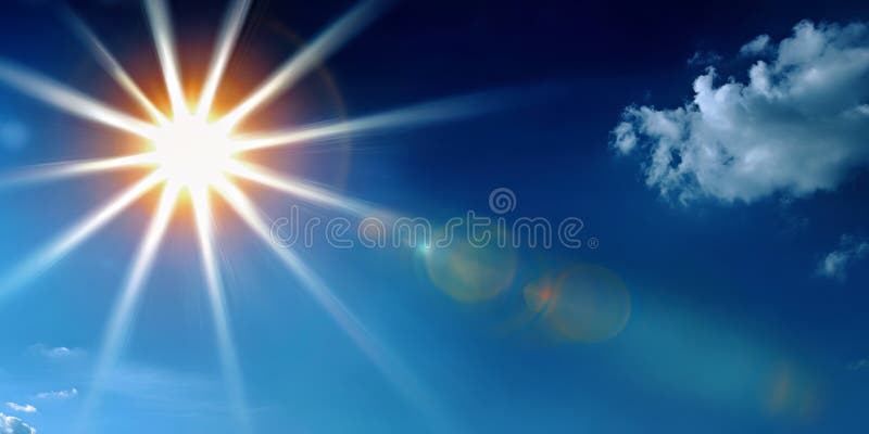 Sun Shine in Blue Sky with White Clouds. Sun Rays with Lens Flare in ...