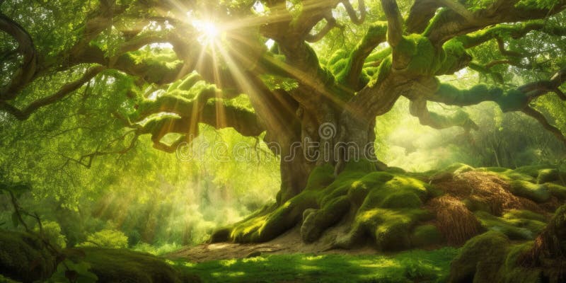 Sun Shines through the Ancient Tree. Generative AI Illustration Stock ...