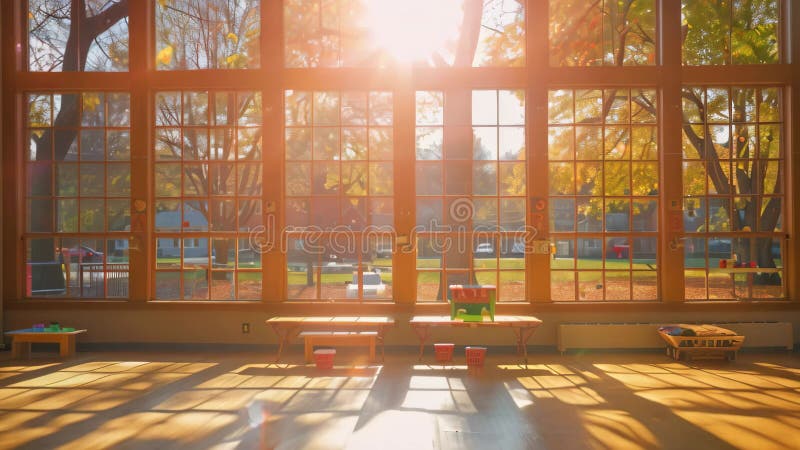 The Sun Shines Brightly through the Large Windows of a Classroom on a ...