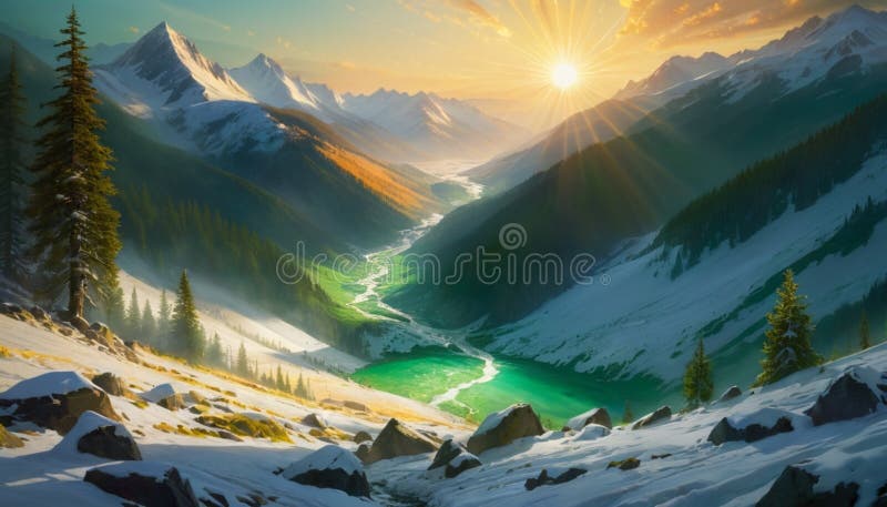 A Small River Flows among the Mountains Under the Bright Sun Stock ...