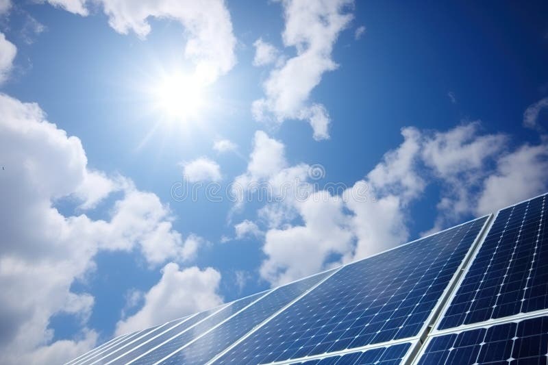 The Sun Shines Brightly Over a Solar Panel in a Blue Sky with White ...