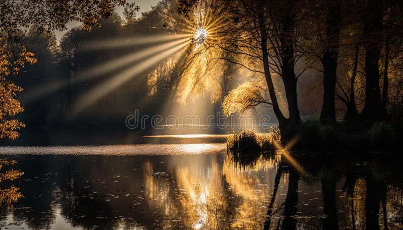 The Sun Shines Brightly through the Trees Over the Water. Generative Ai ...