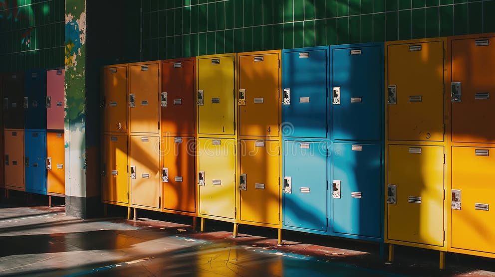Sun Shines on Empty Elementary School Hall, Numbered Lockers Stock ...