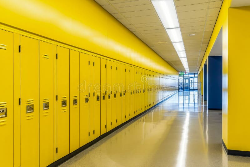 Sun Shines on Empty Elementary School Hall, Numbered Lockers at the ...