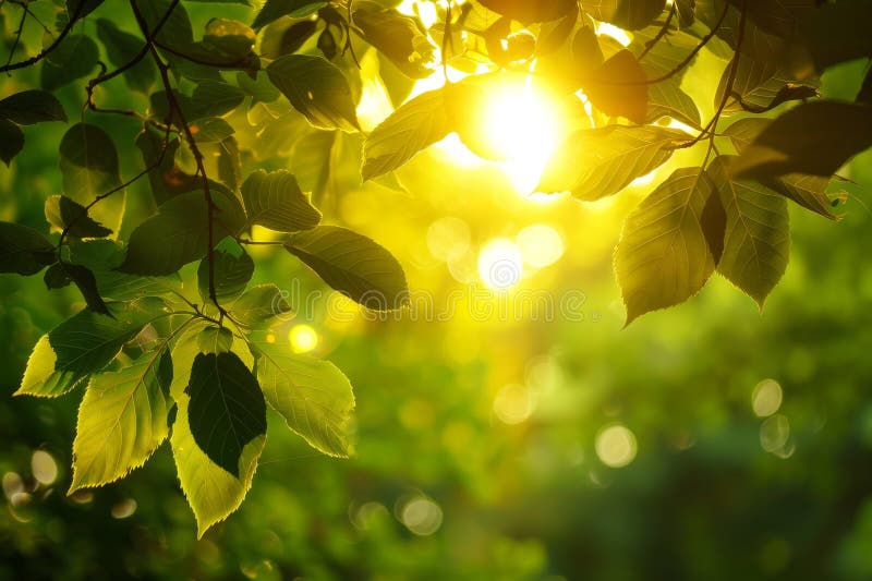 Sun Shines through Green Tree Leaves, Creating a Golden Glow, Golden Sunlight Filtering through ...