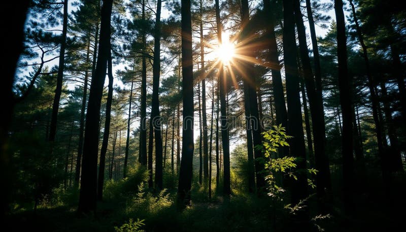 The Sun Shines Hiding between Pine Trees Forest Lights Green ...