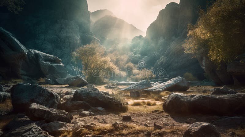 The Sun Shines through the Rocks in the Mountainside Stock Illustration ...