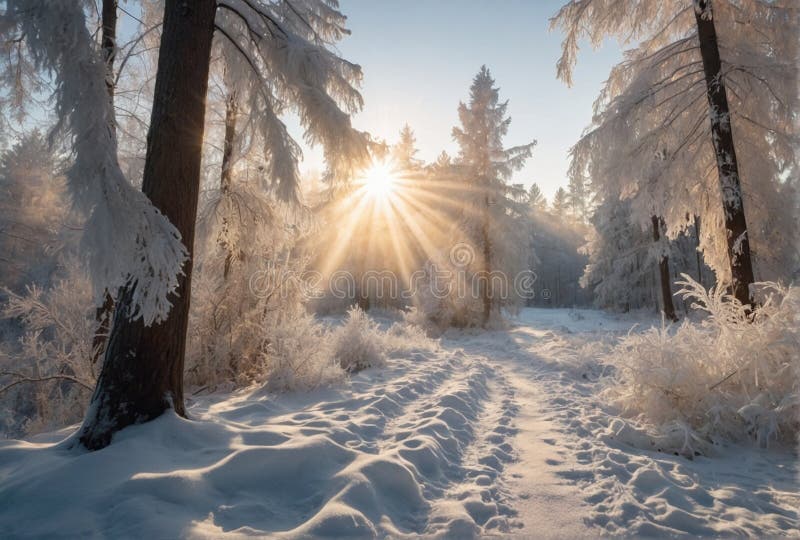 Sun Shining through Snowy Trees Stock Illustration - Illustration of ...