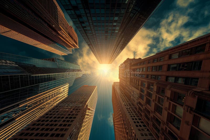 The Sun Shines through the Towering Buildings, Casting Bright Light and ...