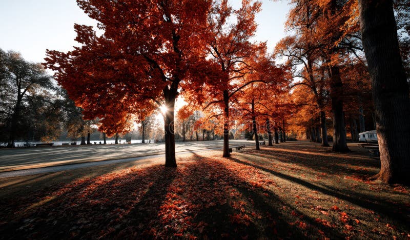 The Sun Shines through Trees, Casting Shadows on the Ground Stock Photo ...