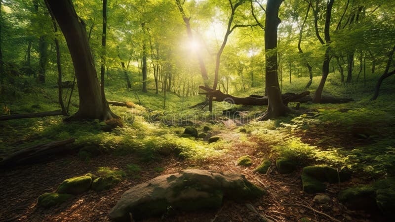 The Sun Shines through the Trees in the Forest with Rocks and Grass ...