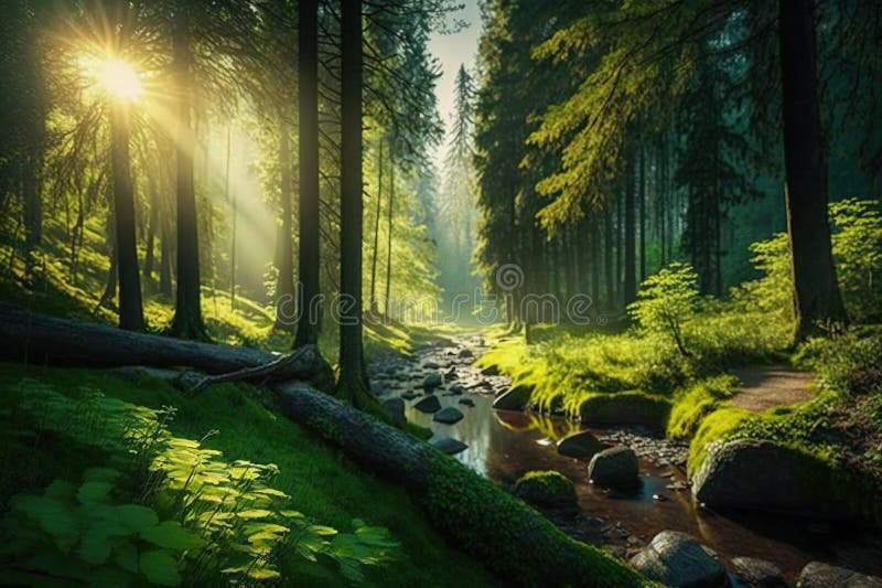 The Sun Shines through the Trees in a Forest with a Stream Running ...