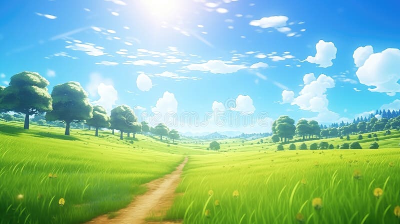 Sun Shining on a Big Summer Grass Field, Small Path in Anime Style ...