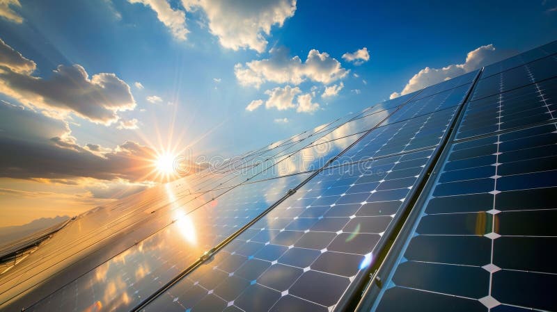 The Sun Shining Brightly on a Completed Section of Solar Panels Showing ...