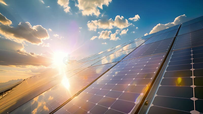 The Sun Shining Brightly on a Completed Section of Solar Panels Showing ...