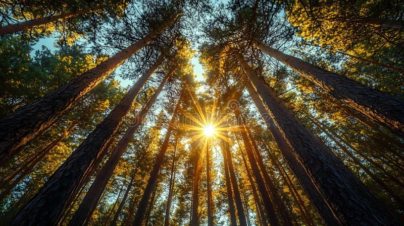 Sun Shining through Canopy of Tall Pine Trees in Forest Stock Image ...