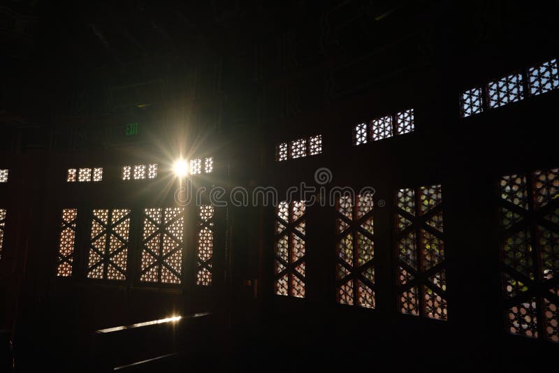 Sun Shining through Carved Window Shades. Wide View Stock Photo - Image ...