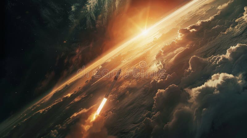 Sun Shining through Clouds Above Earth. Shuttle Rocket Space Shuttle ...