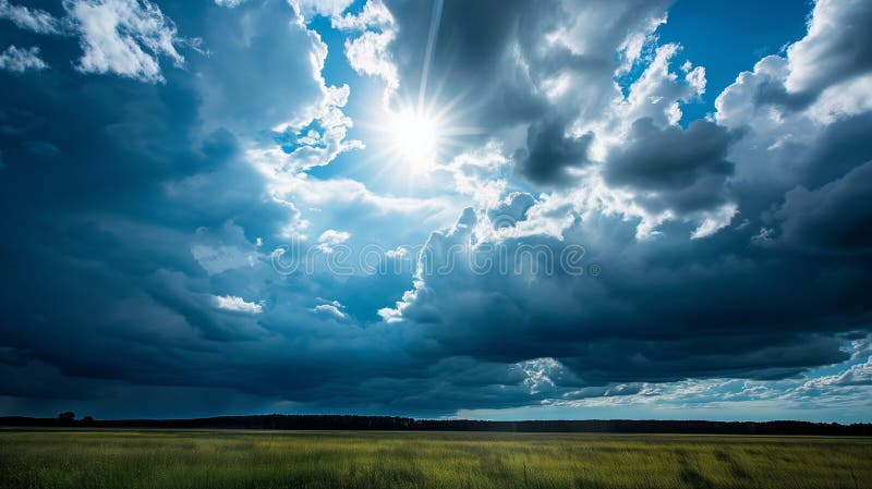 Sun Shining through Clouds Above a Scenic Field with Lush Grass and ...