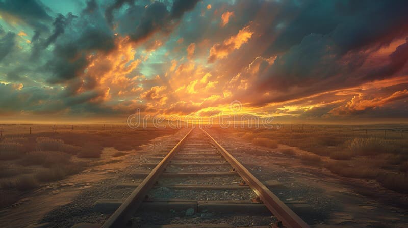 The Sun is Shining in the Clouds Behind a Set of Train Tracks Stock ...