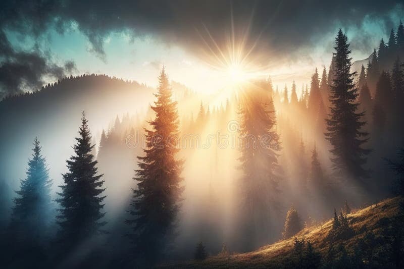 The Sun is Shining through the Clouds Over a Forest of Trees Stock ...