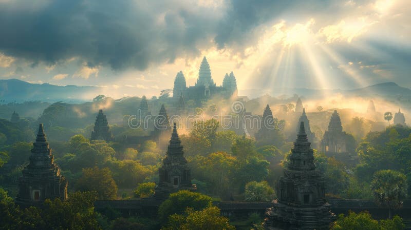 Sun Shining through Clouds Over Temples Stock Photo - Image of sunbeam ...