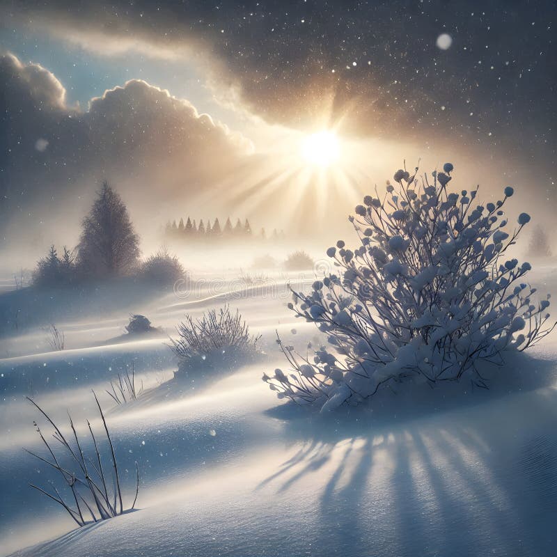 Sun Shining through Clouds during Snowfall in Winter Landscape Stock ...