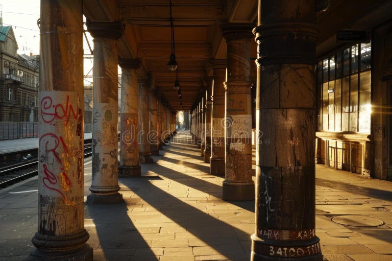 Sun Shining on an Empty Train Platform with Graffiti Covered Pillars ...