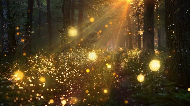 Sun Shining through Forest Creating Magical Fireflies Effect Stock ...