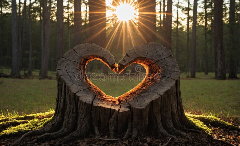 Heart-shaped Tree Stump with Sun Shining through Stock Illustration ...