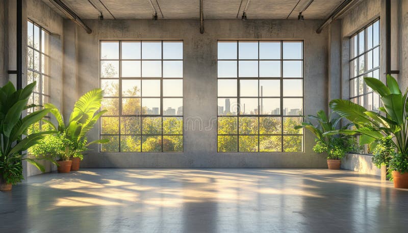 Empty Industrial Loft Apartment with City View and Plants Stock Image ... Empty Industrial Loft Apartment with City View and Plants Stock Image ...