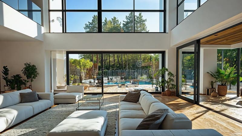 Modern Open Plan Living Room Overlooking Back Yard with Swimming Pool ...