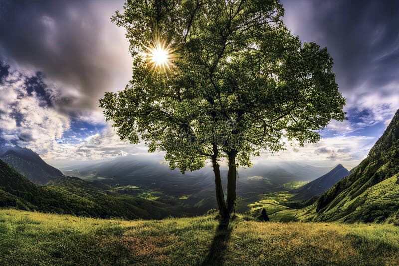 Sun Shining through Leaves on Lone Tree Standing on Mountain with ...
