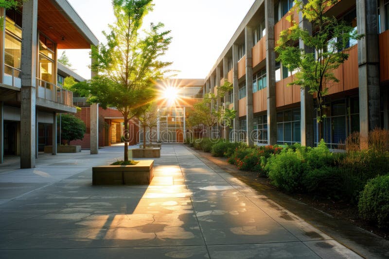 Sun Shining on Modern School Building with Trees Stock Photo - Image of ...