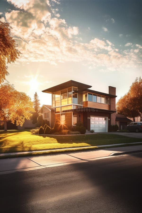 Sun Shining on a Modern Suburban House Stock Illustration ...