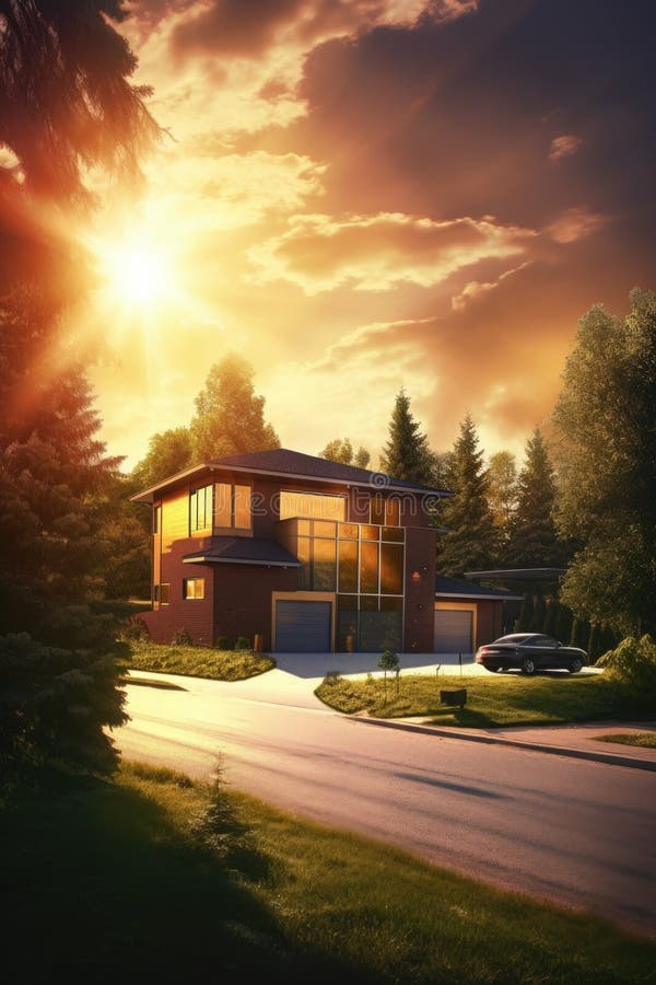 Sun Shining on a Modern Suburban House Stock Illustration ...