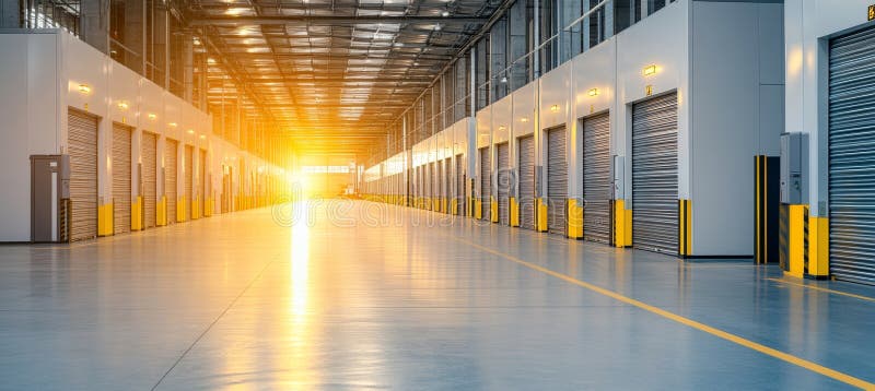 Sun Shining through Modern Warehouse Interior, Rows of Loading Docks ...