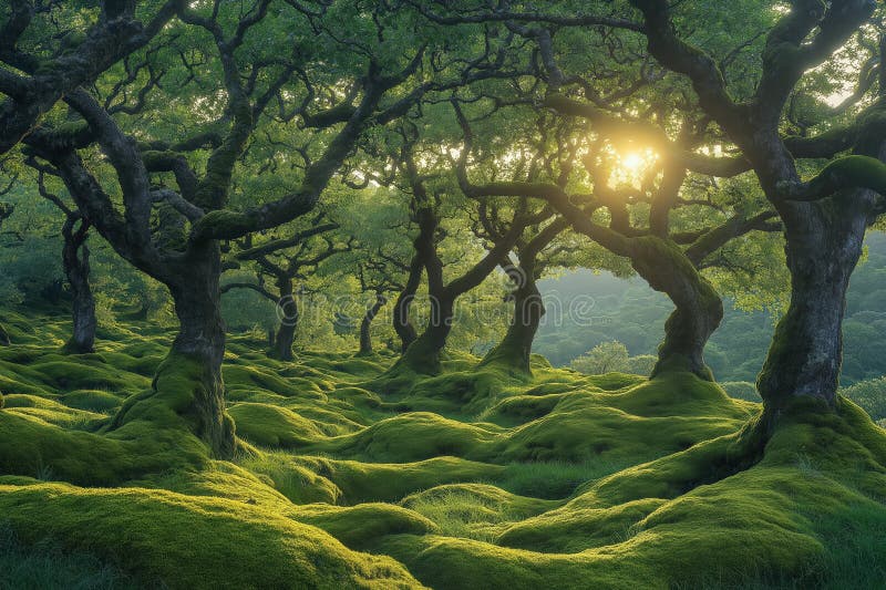 Sun Shining through Mossy Trees in Magical Forest Stock Illustration ...