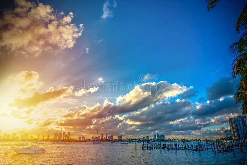 Sun Shining Over Miami Beach Bayfront at Sunset Stock Photo - Image of ...