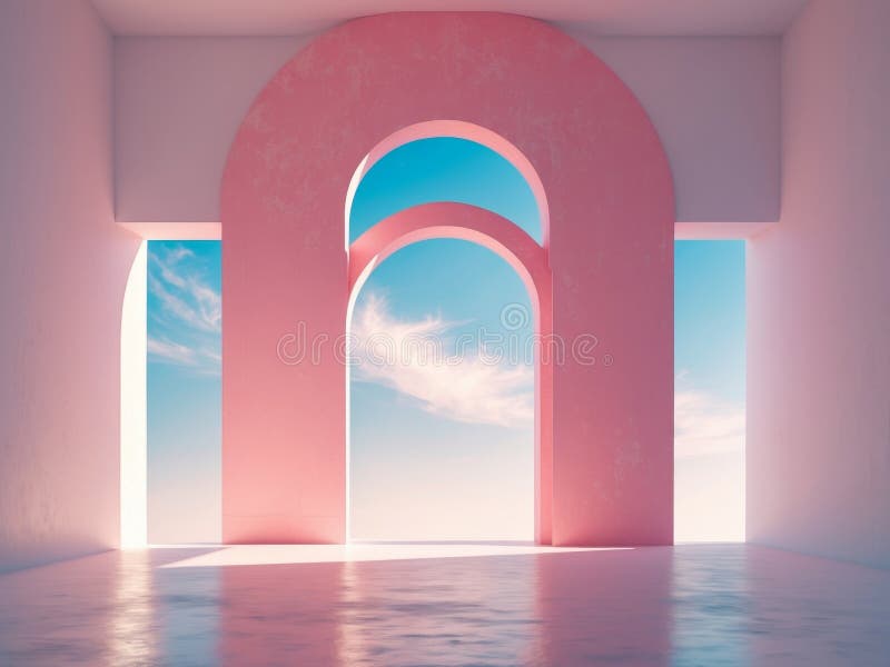 Sun Shining through Pink Arch Over Empty Stage in Abstract Minimal Room ...