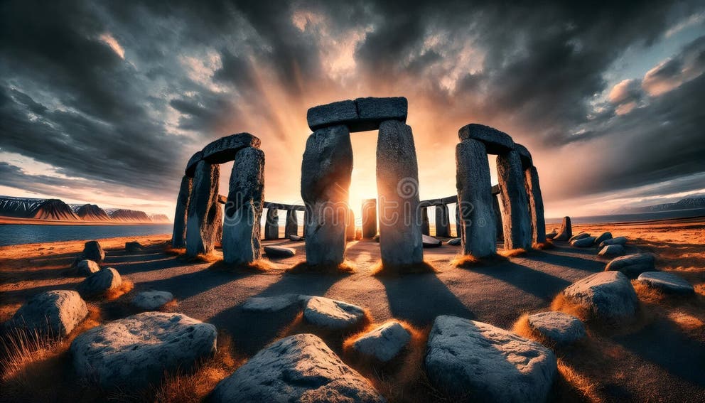 Sun Shining through Prehistoric Stone Circle at Sunset on Coast Stock ...