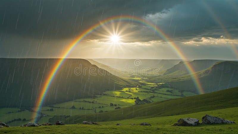 Sun Shining through Rain Shower Above Wide Green Valley with Distant ...