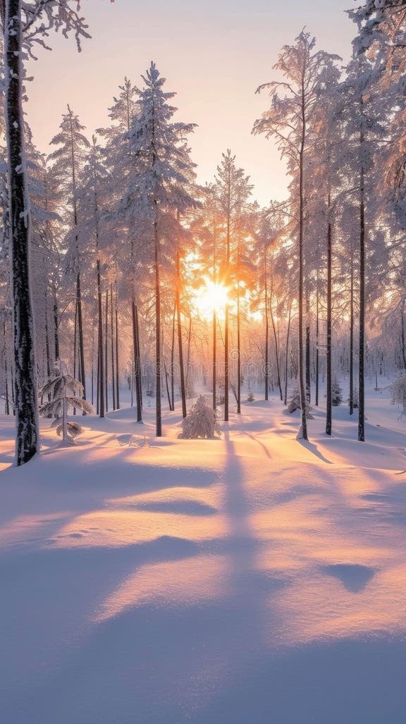 Sun Shining through Snow-Covered Trees Stock Image - Image of peaceful ...