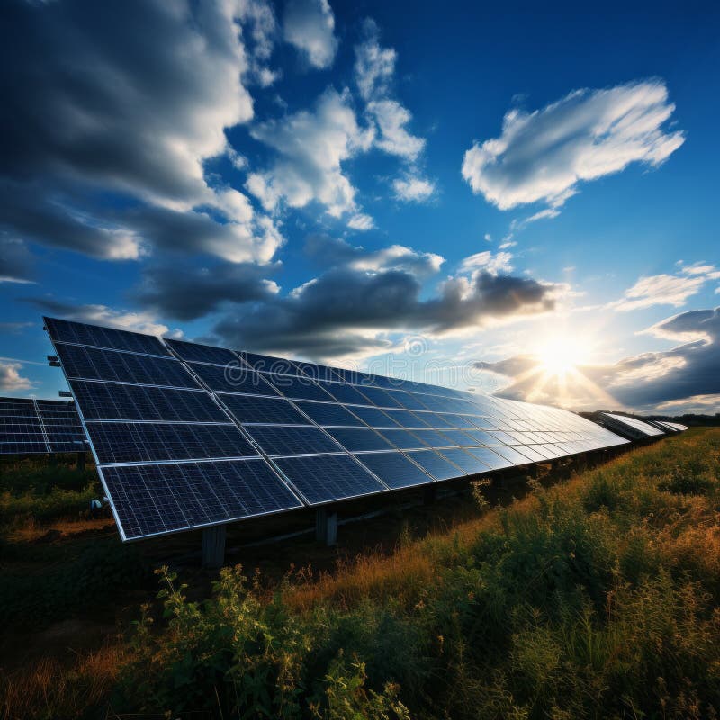 The Sun is Shining on a Solar Panel Field that is Surrounded by Green ...