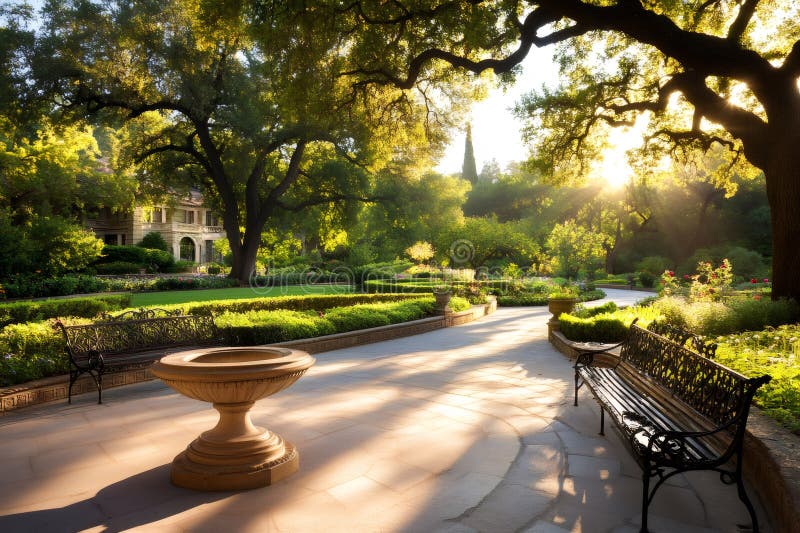 Sun Shining through Trees in Beautiful Formal Garden Stock Illustration ...