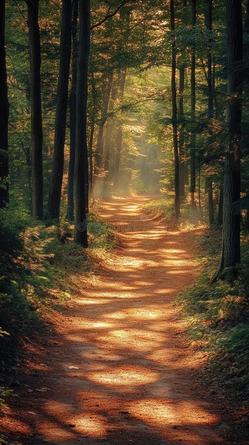 Sun Shining through Trees on Forest Path Stock Illustration ...