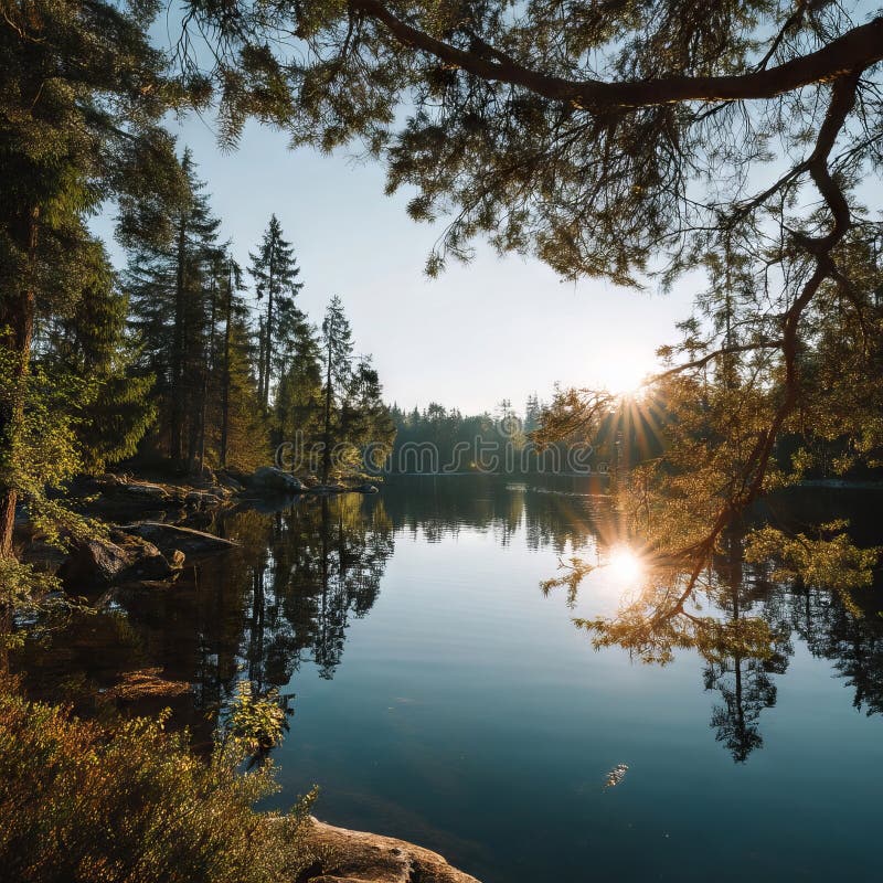 The Sun is Shining through the Trees Over the Water Stock Image - Image ...