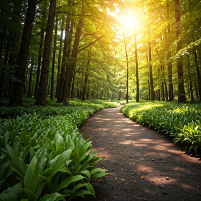 Sun Shining through Trees on Path in Lush Green Forest Stock Photo ...